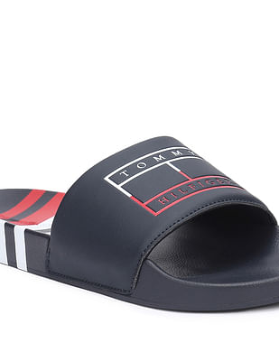 Buy Tommy Hilfiger Men White And Navy Open Toe Brand Striped Pool Slides NNNOW
